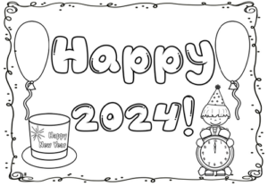 Happy New Year 2024 coloring page free 2025